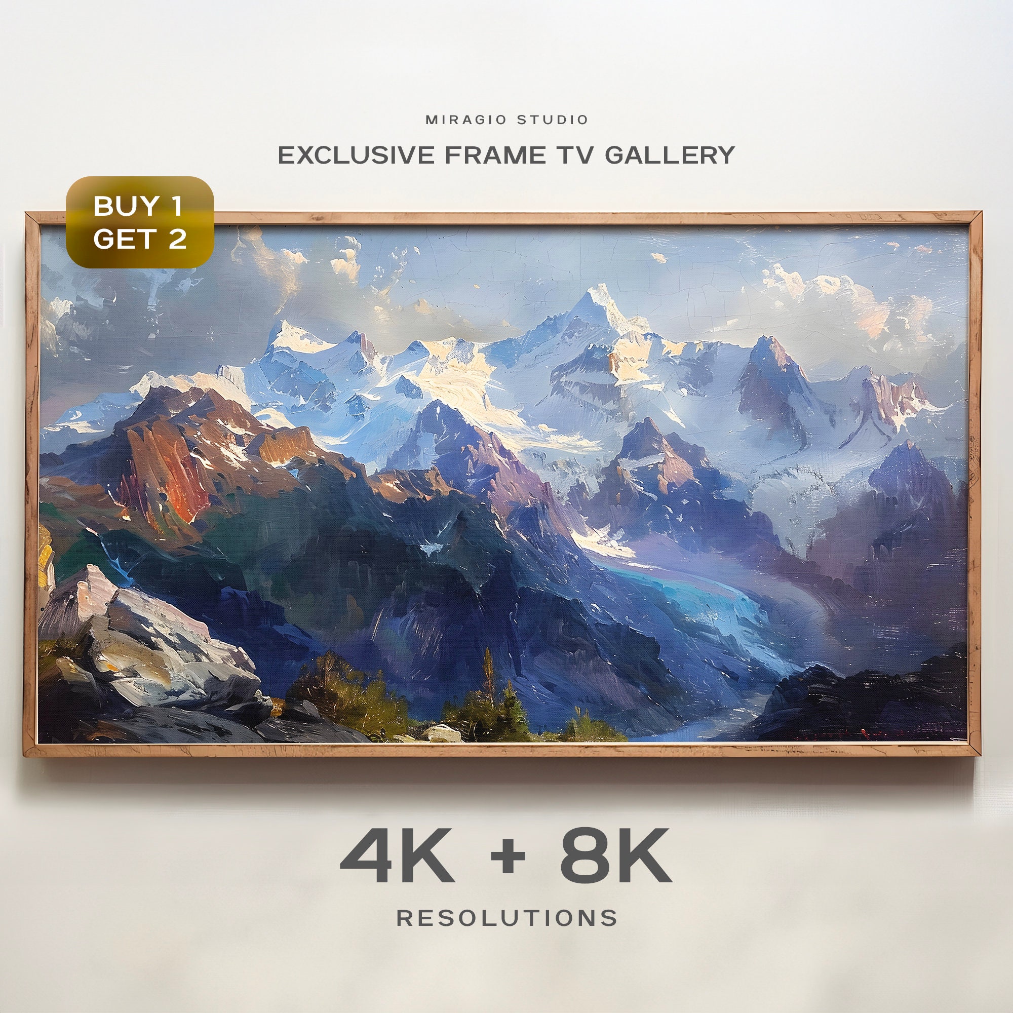 Frame TV Art Alpine Peaks Painting, Snowy Mountain Vista Art, Glacial ...