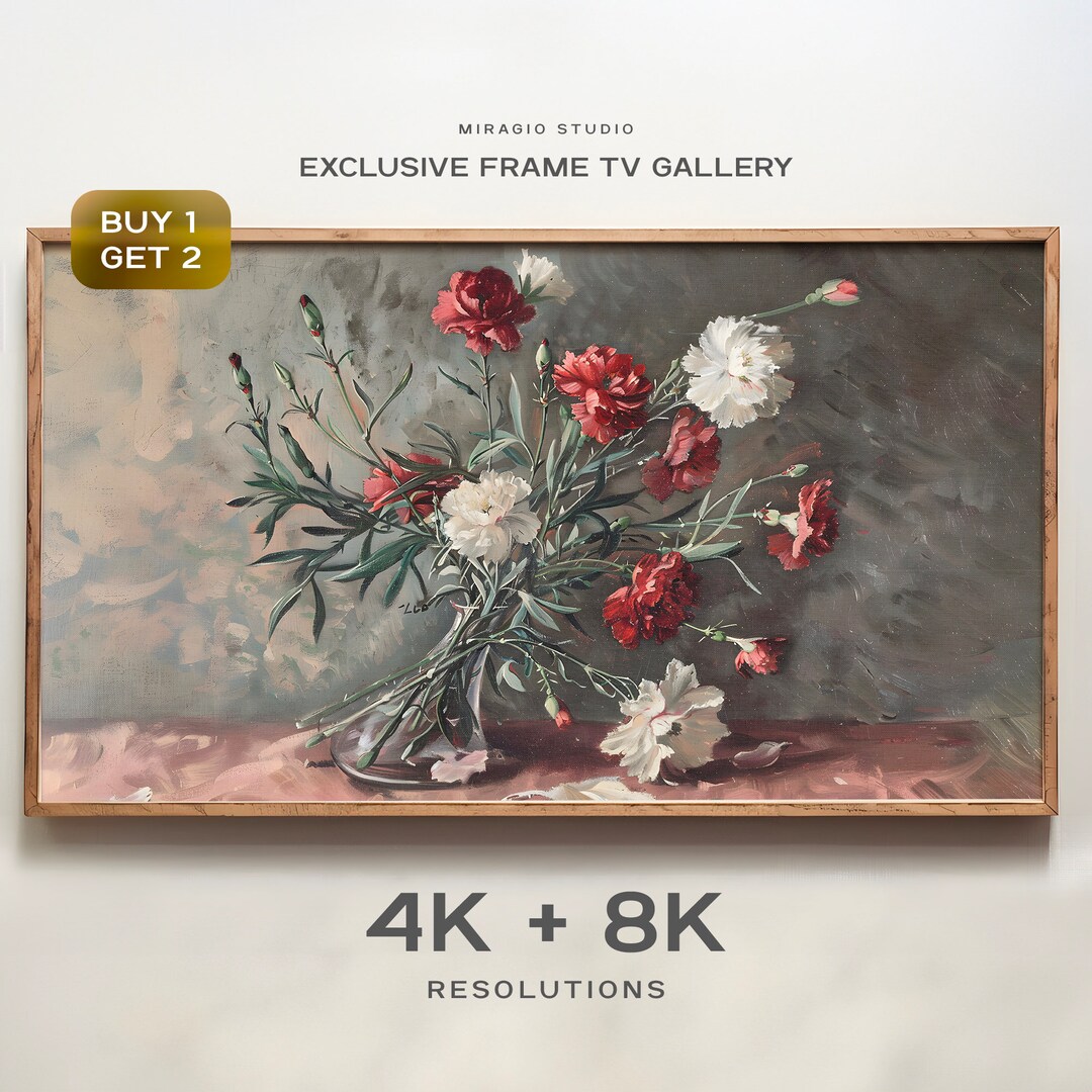 Frame TV Art Crimson White Blossoms Painting, Elegant Floral Scene Art ...