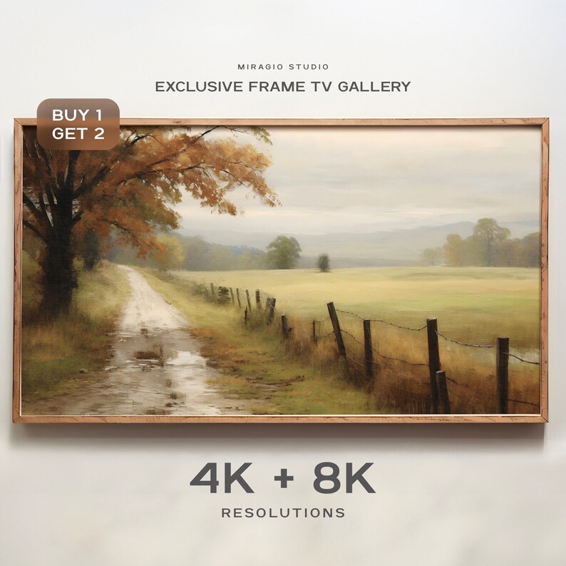 Frame TV Art Autumn Country Road Painting, Wet Path Puddles Art, Rustic ...