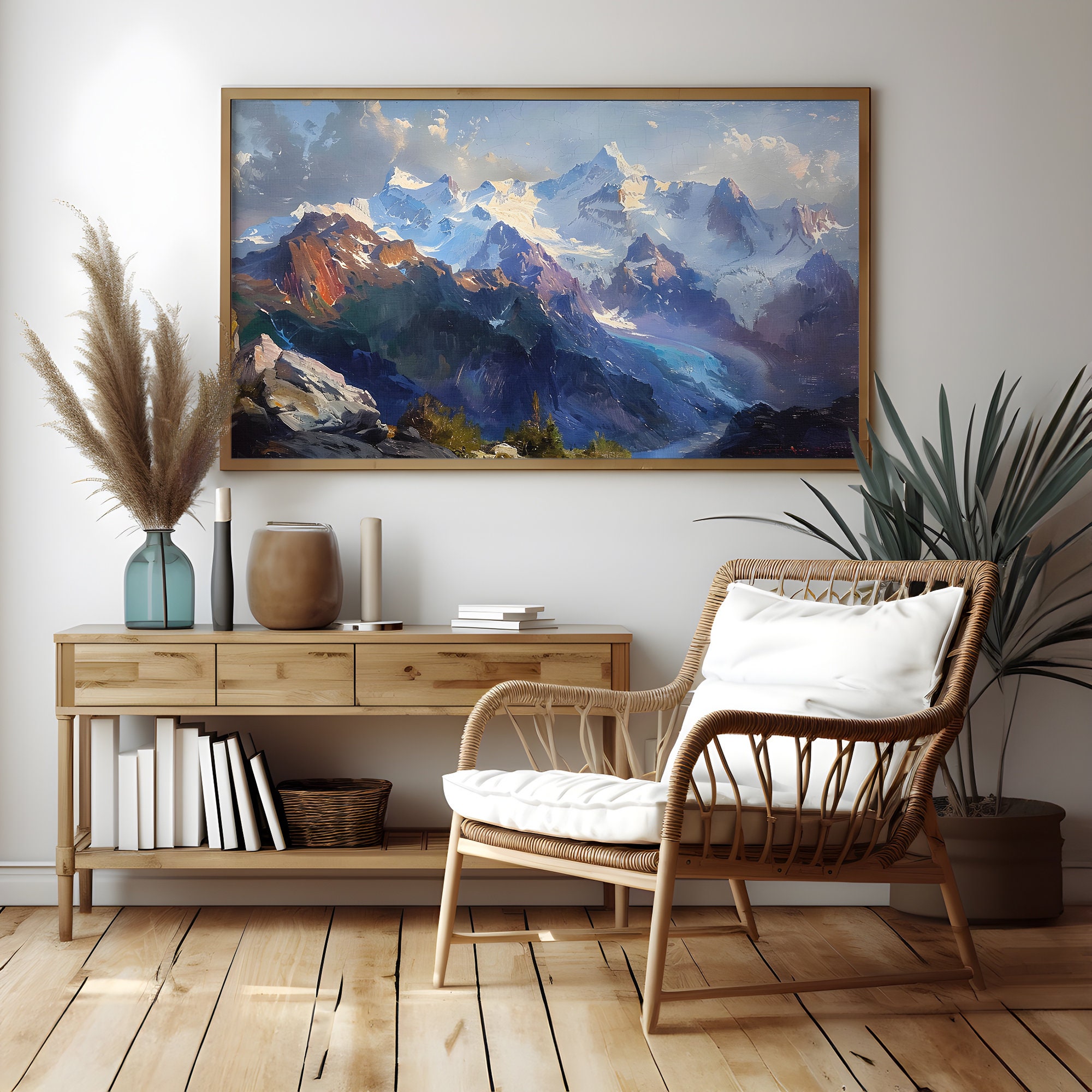 Frame TV Art Alpine Peaks Painting, Snowy Mountain Vista Art, Glacial ...