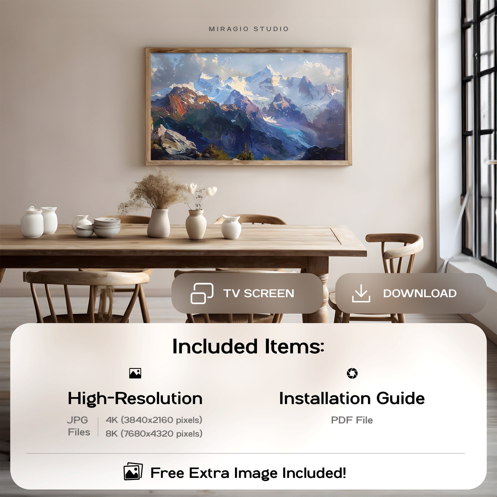 Frame TV Art Alpine Peaks Painting, Snowy Mountain Vista Art, Glacial ...