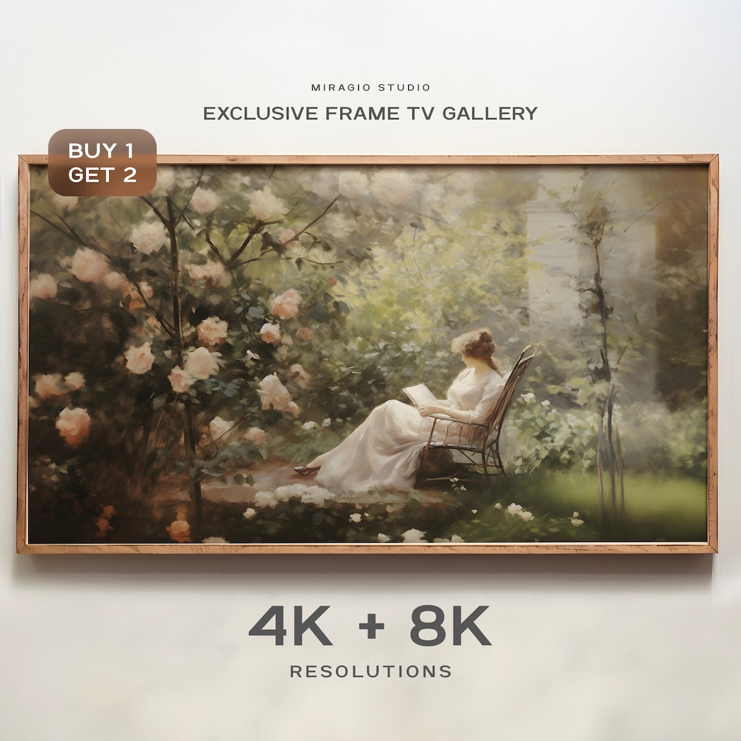 Frame TV Art Woman Reading Peacefully Painting, Blooming Garden Art ...