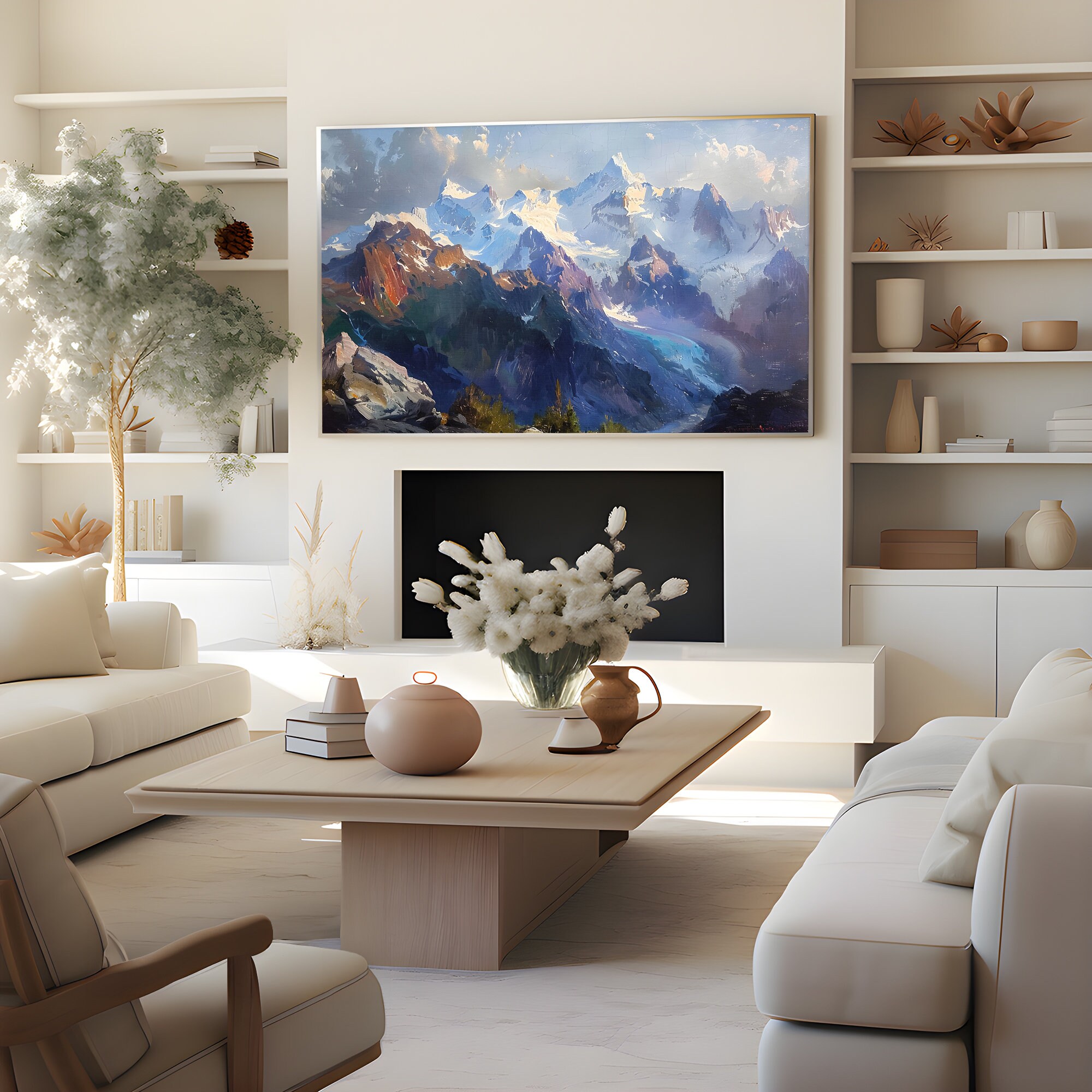 Frame TV Art Alpine Peaks Painting, Snowy Mountain Vista Art, Glacial ...