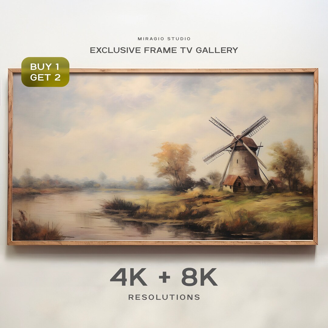 Frame TV Art Riverside Windmill Painting, Autumnal Scene Art, Tranquil ...