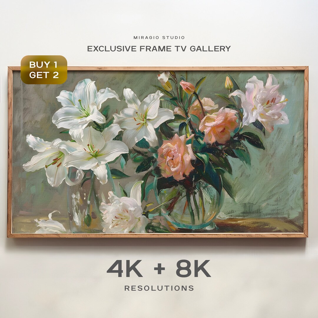 Frame TV Art White Lilies Painting, Floral Arrangement Scene Art, Glass ...