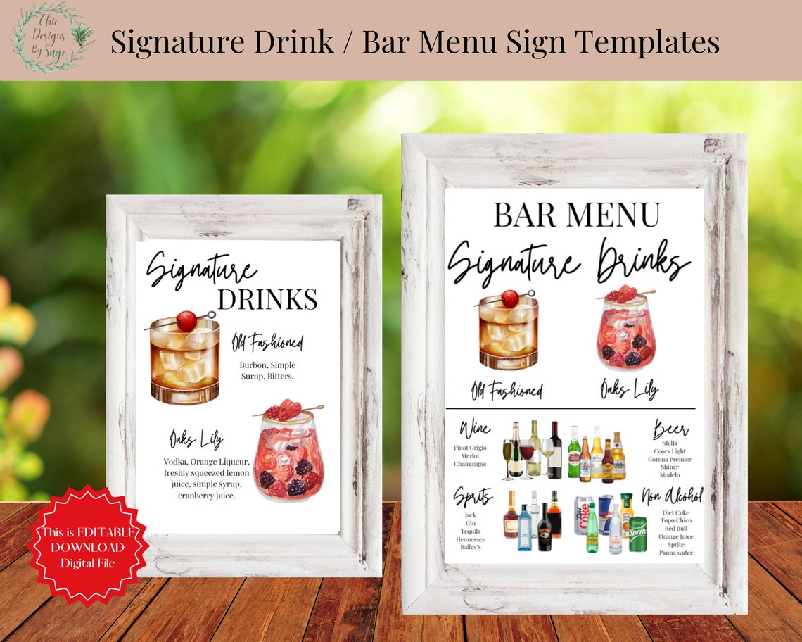Signature Drink Sign | Bar Menu Template | Bar Menu Template Editable ...