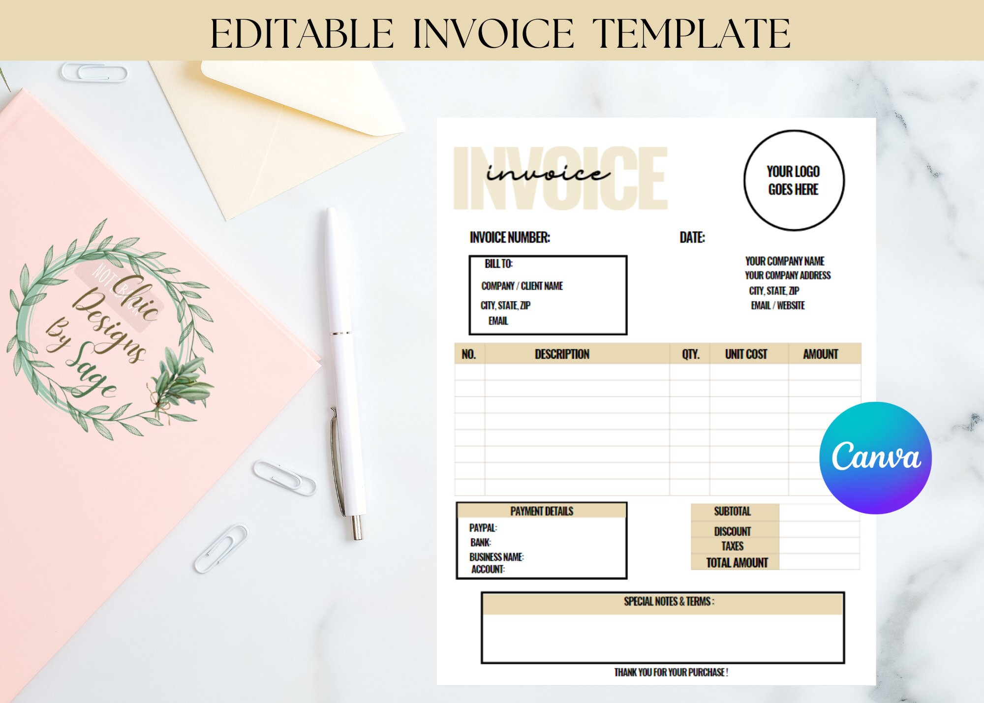 Editable Invoice Template: Chic Canva Form (instant Download) - Etsy