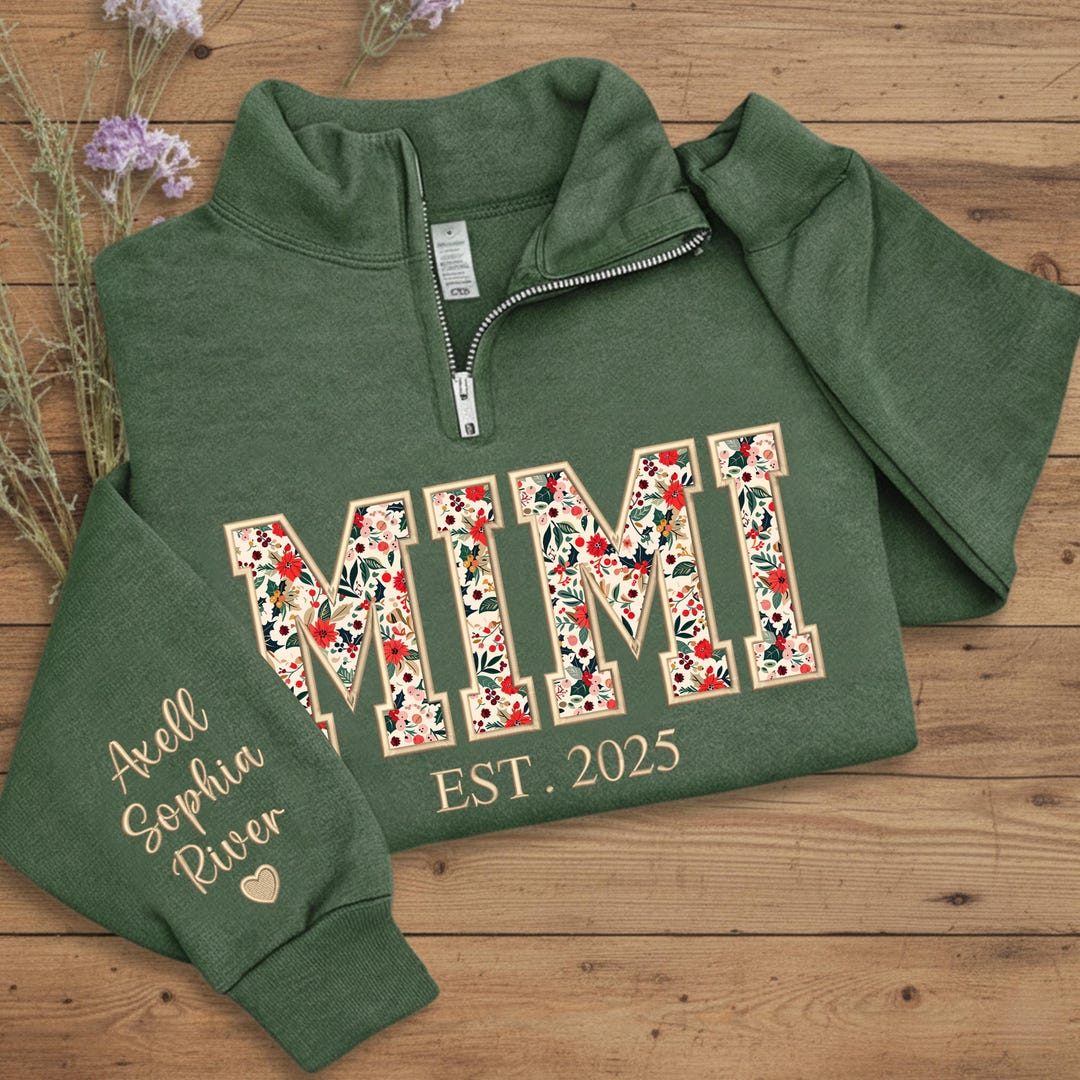 Custom Embroidered Mimi Zip Sweatshirt, Grandma Floral Applique ...