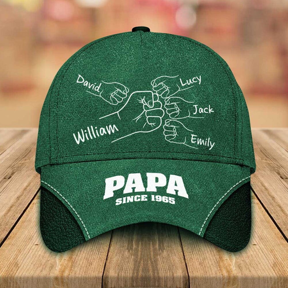 Custom Dad Kids Names Holding Hands Cap, Hand Punch Line Sketch Dad ...