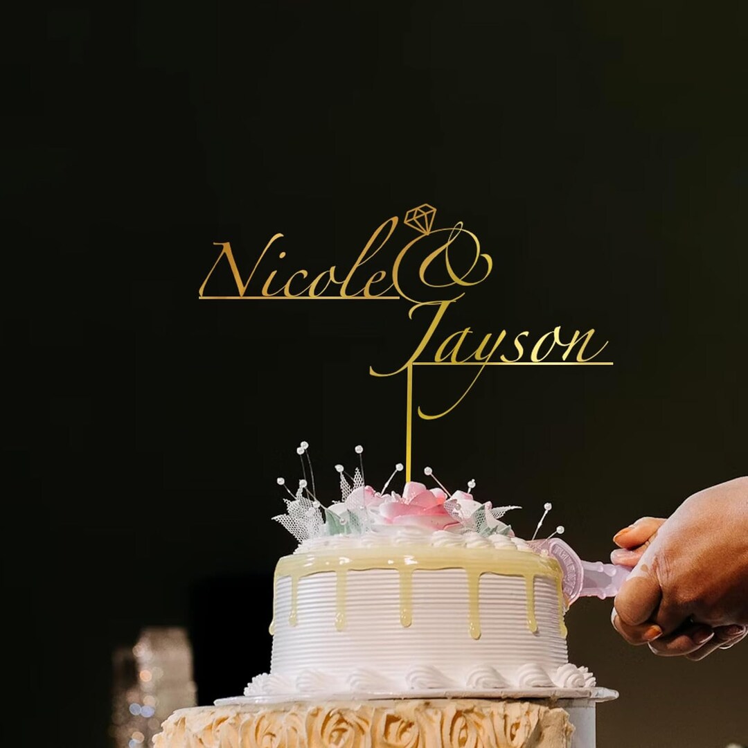 Custom Couple Name With Ring Cake Topper, Gold Cake Topper for Wedding ...