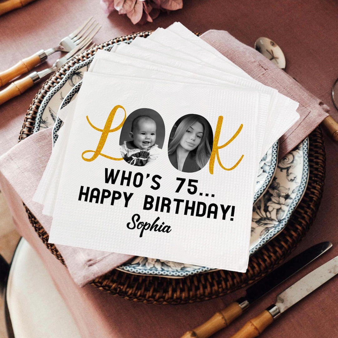 Custom Photo 75th Birthday Napkins, Personalized Birthday Napkins ...