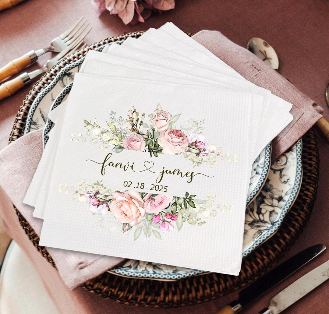 Personalized Wedding Napkins, Flower Custom Name Napkins, Engagement ...