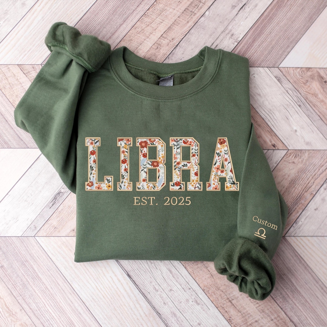 Custom Embroidery Libra Zodiac Sweatshirt, Libra Zodiac Floral Sweater ...