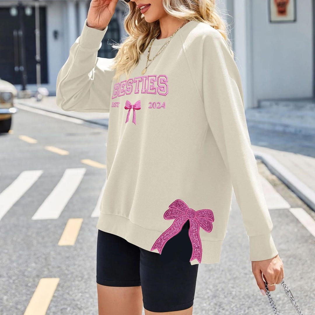 Personalized Besties Side Bow Cut-out Sweatshirt With Glitter, Trendy ...