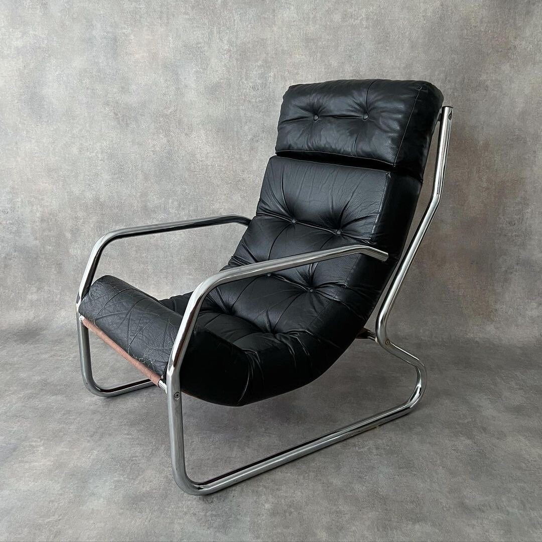 Vintage Black Leather Lounge Chair - Etsy