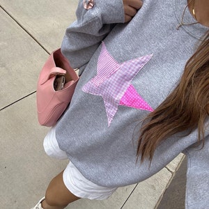 Pink Star Sweatshirt, Crewneck, Embroidered, Fabric Patch Work - Etsy