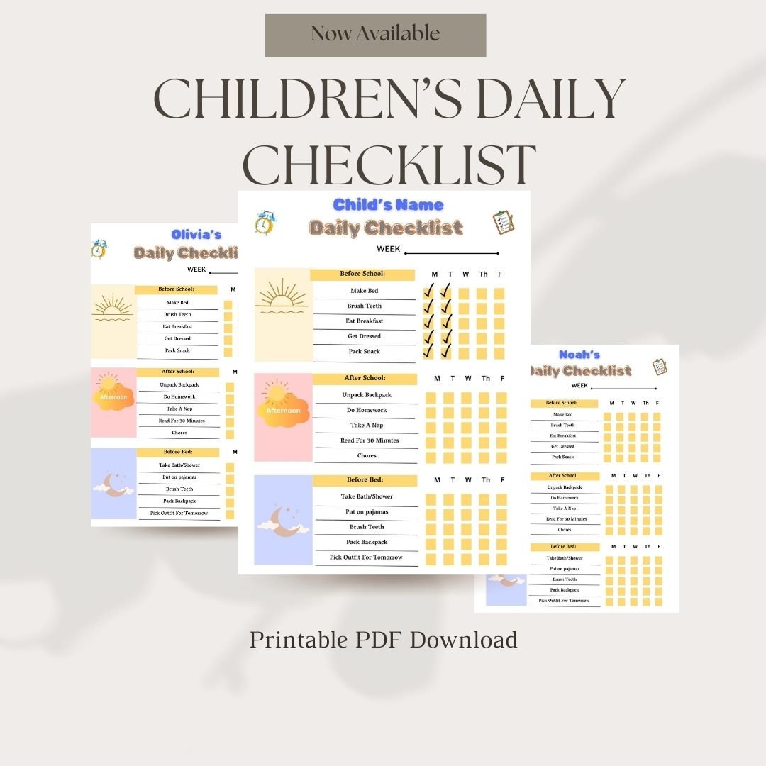 Kids Daily Checklist Schedule Printable Chore Chart Daily Routine ...