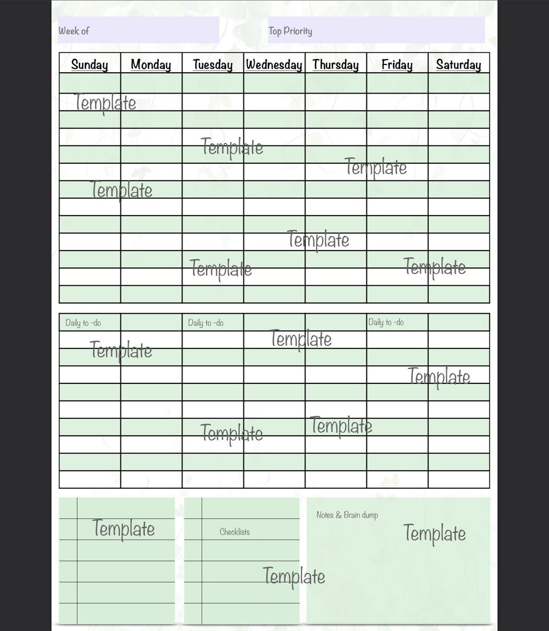 Digital Weekly Planner Template Green, Lined Paper - Etsy