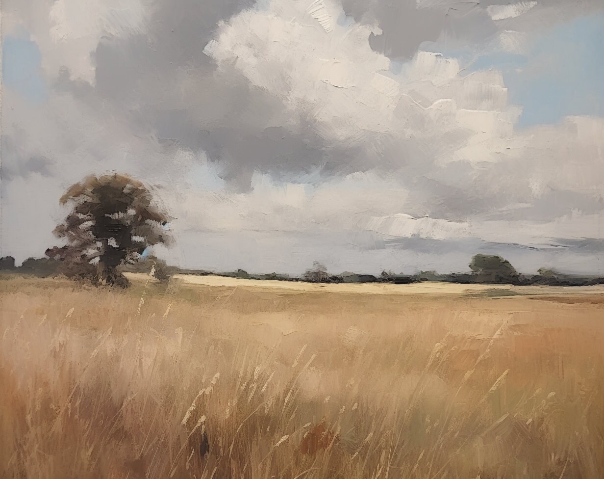 Printable Painting of a Prairie, Wheat Grass and Tree, Vintage Prairie ...