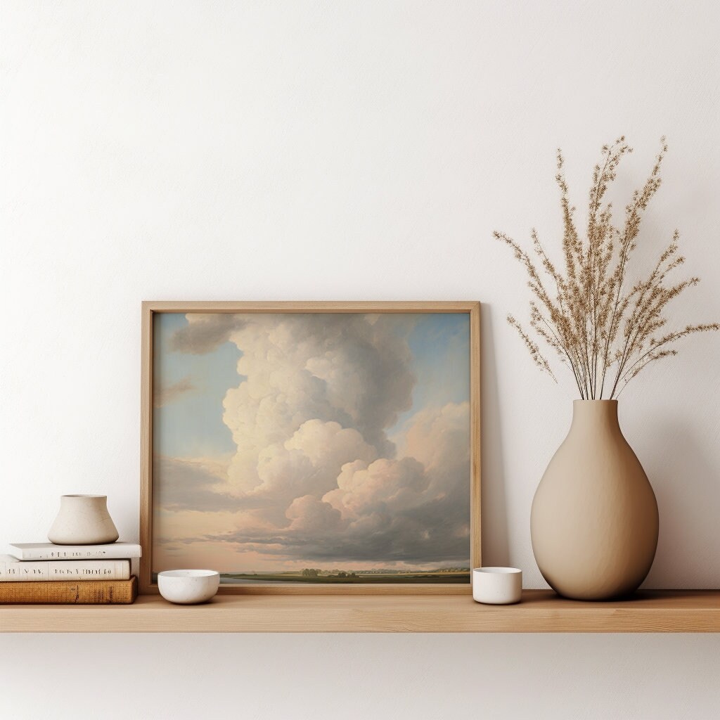 Printable Painting of Cloudy Sky, Vintage Style Clouds in Open Field ...