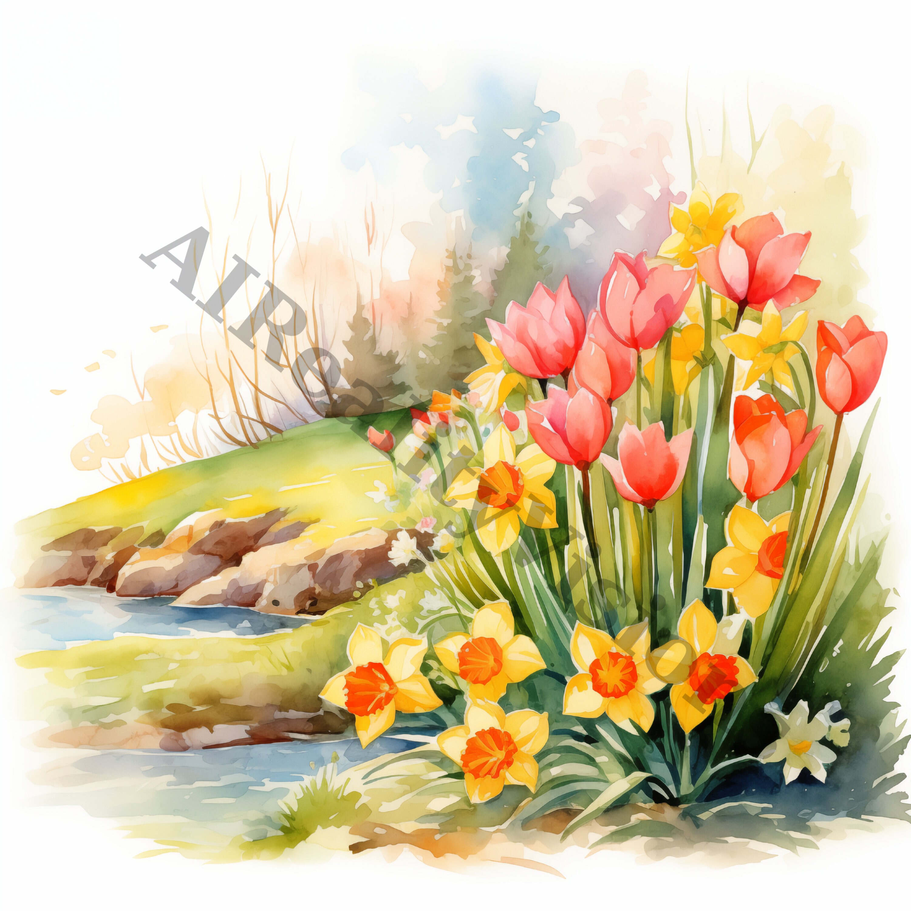 Watercolor Spring Flowers Clipart Bundle, Tulips, Daffodils, 10 High ...