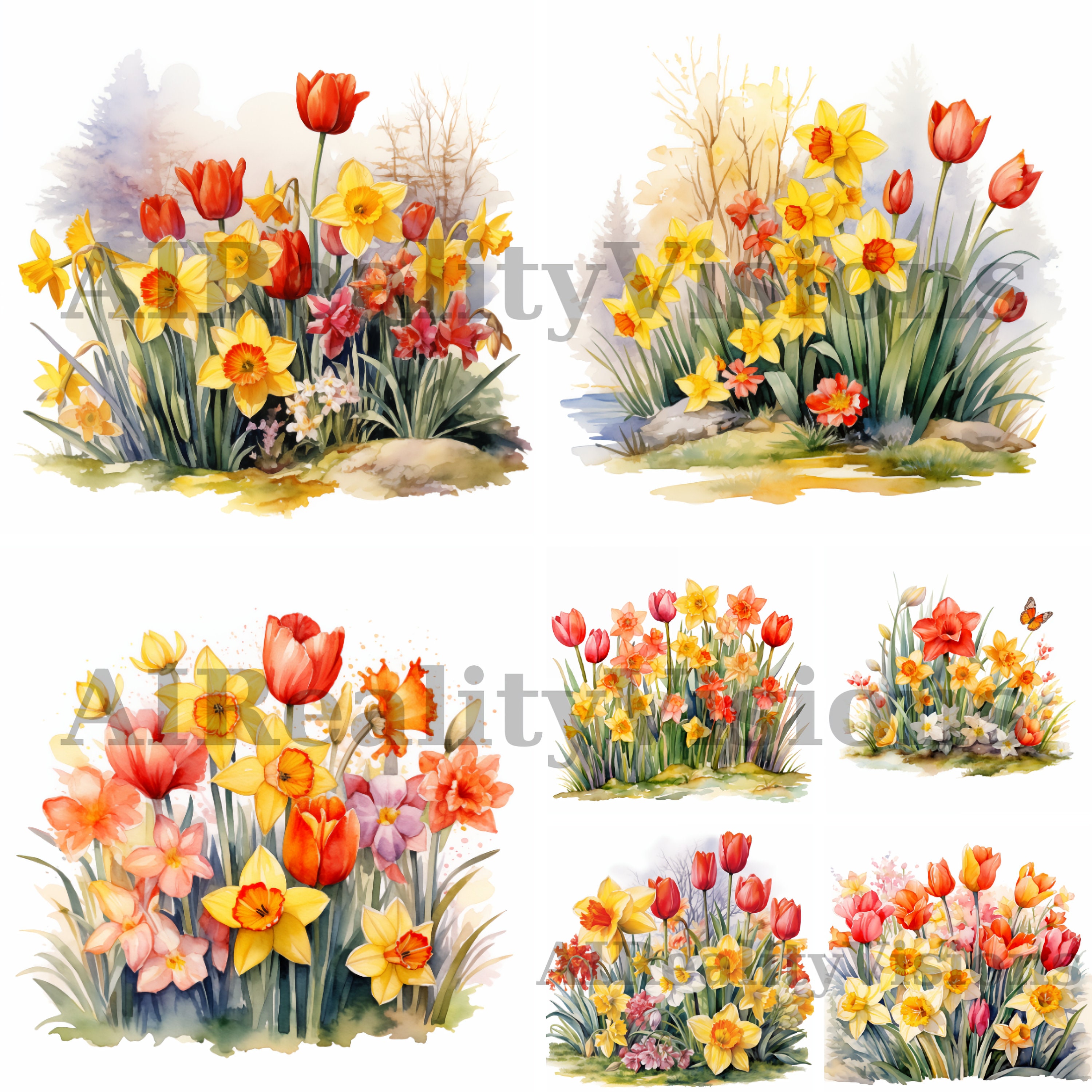 Watercolor Spring Flowers Clipart Bundle, Tulips, Daffodils, 10 High ...