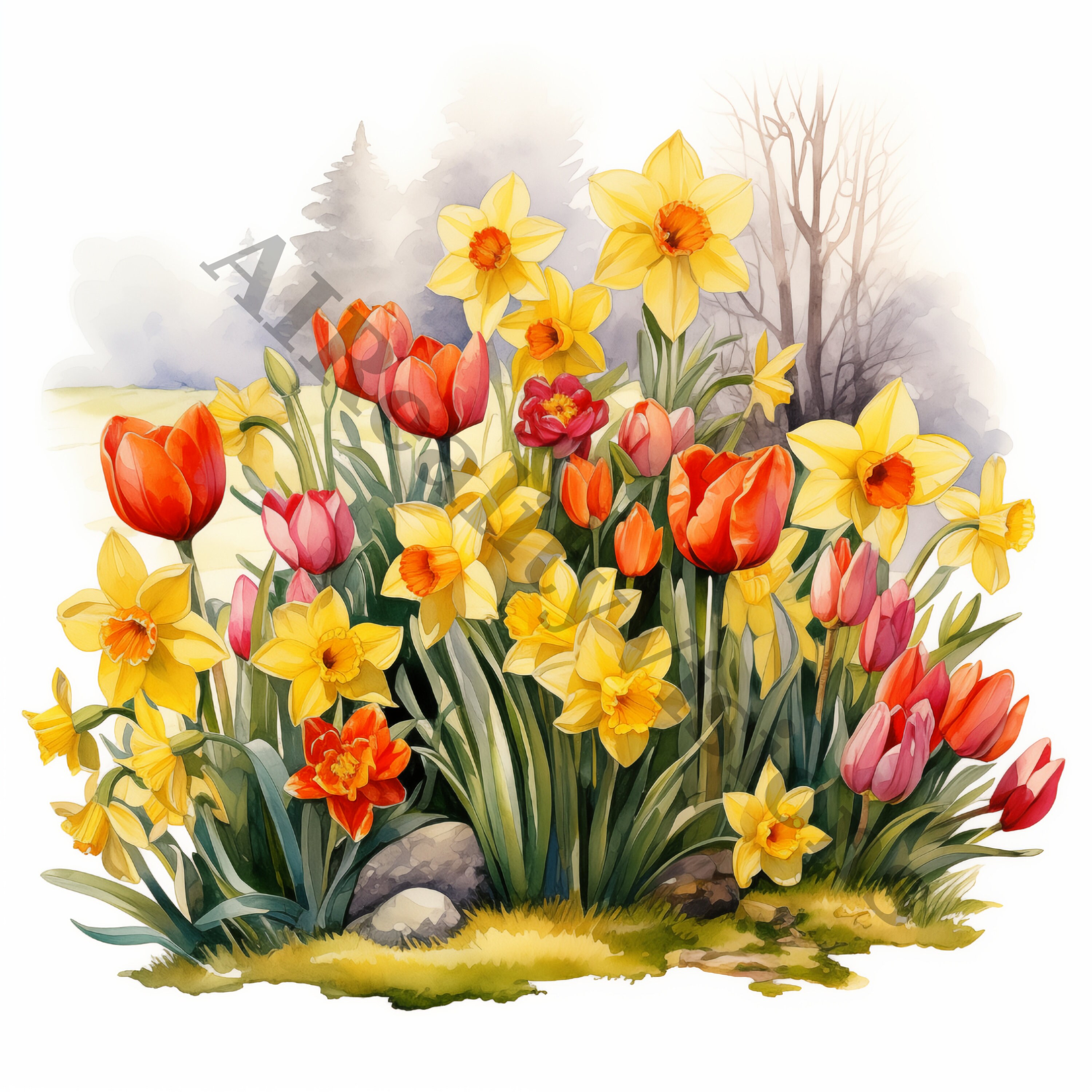 Watercolor Spring Flowers Clipart Bundle, Tulips, Daffodils, 10 High ...