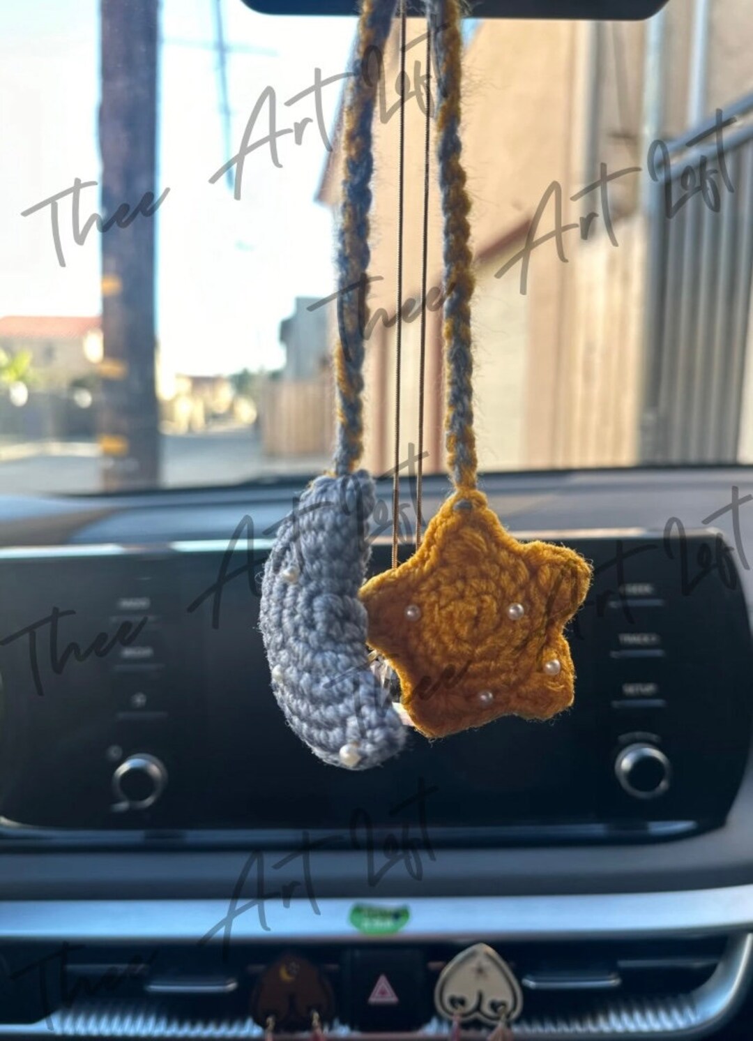 Crochet Rearview Mirror Star and Moon, Rearview Mirror Decor, Car ...