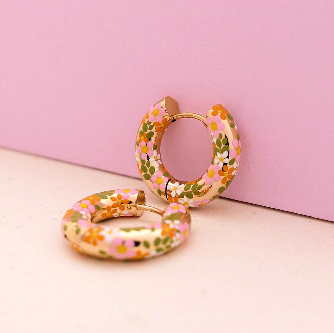 LILY Hand-painted Wildflower Chunky Hoop Earrings: 18ct Gold Plated ...