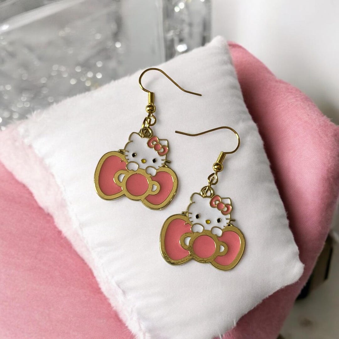 Hello Kitty Pink Bow Drop Dangle Charm Earrings Hypoallergenic Hooks ...