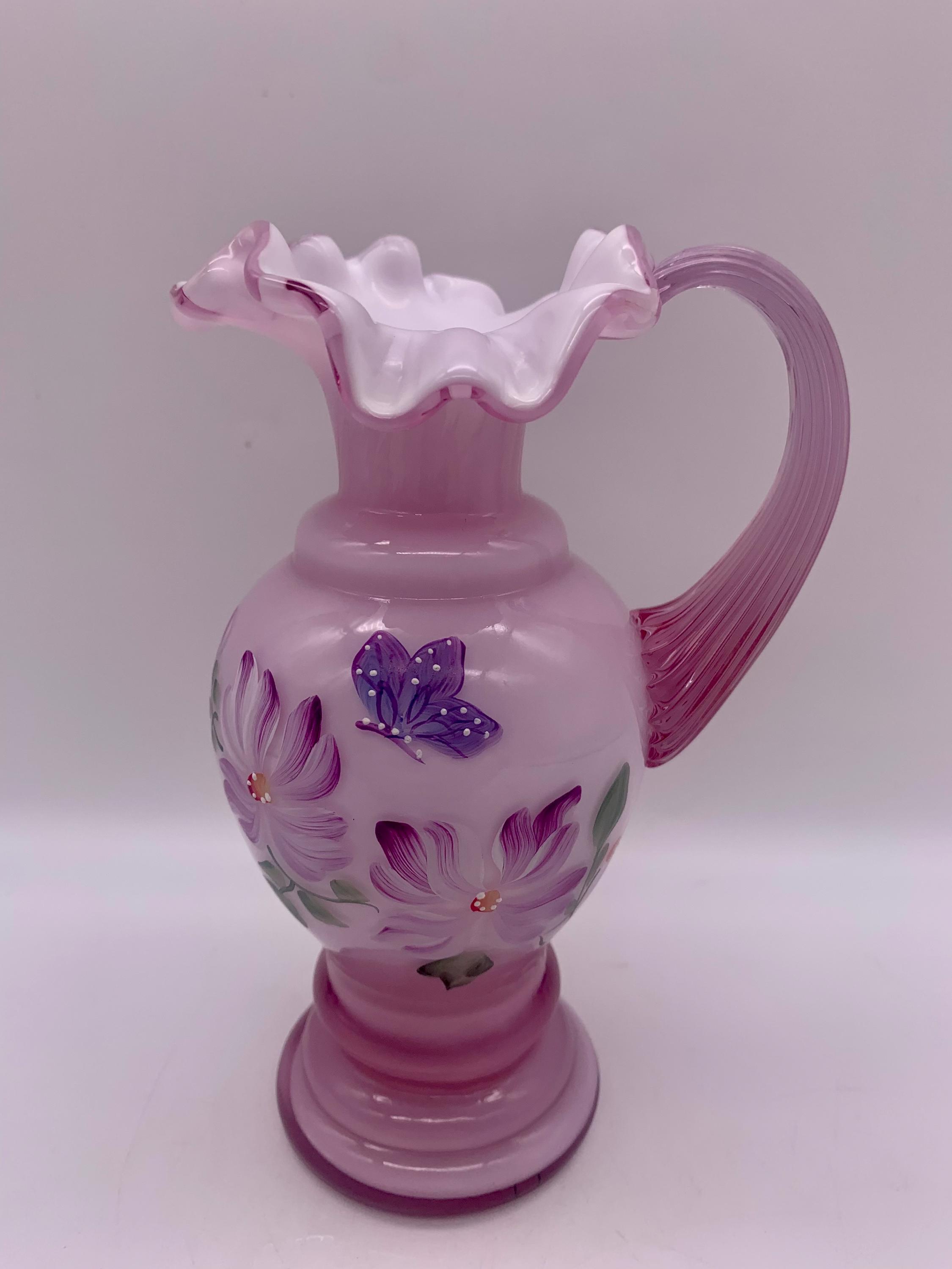 Vintage Fenton Glass Pitcher Hand Painted Asters on Dusty Rose 2266 ...