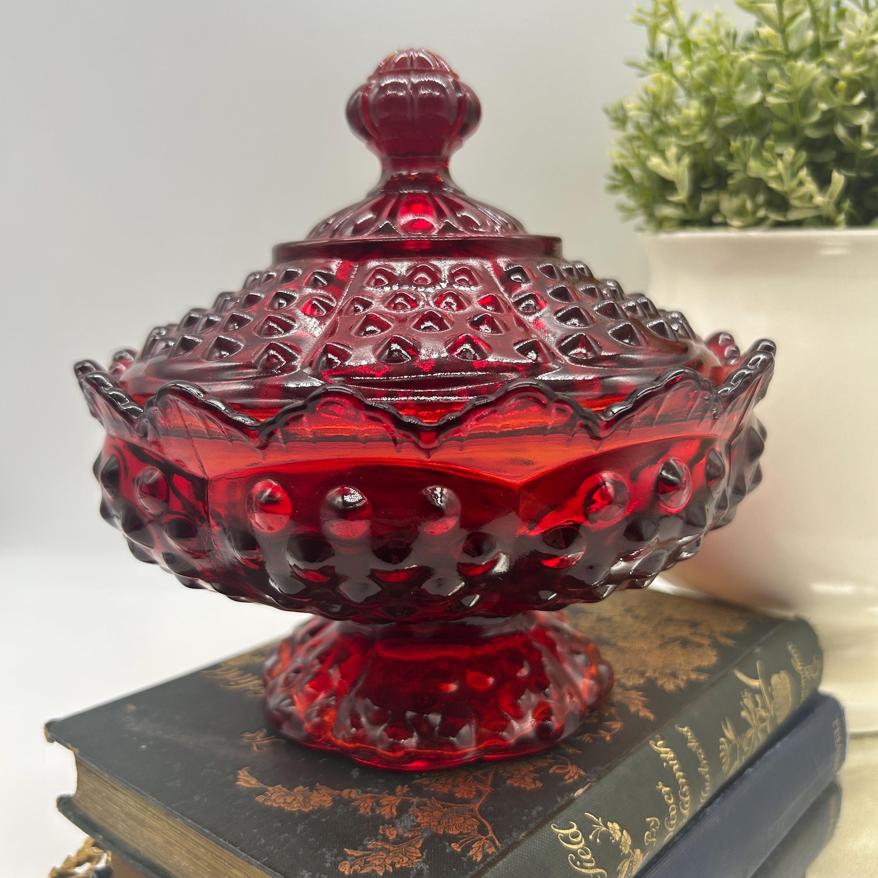 Vintage Fenton Glass Hobnail Pattern Amberina Red Covered Sawtooth ...