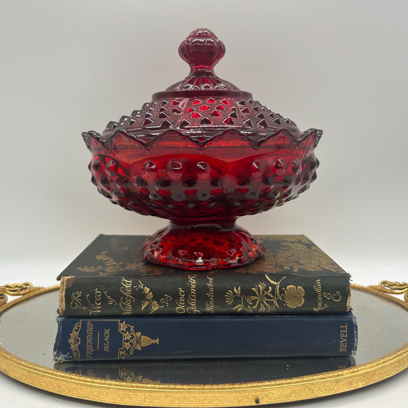 Vintage Fenton Glass Hobnail Pattern Amberina Red Covered Sawtooth ...