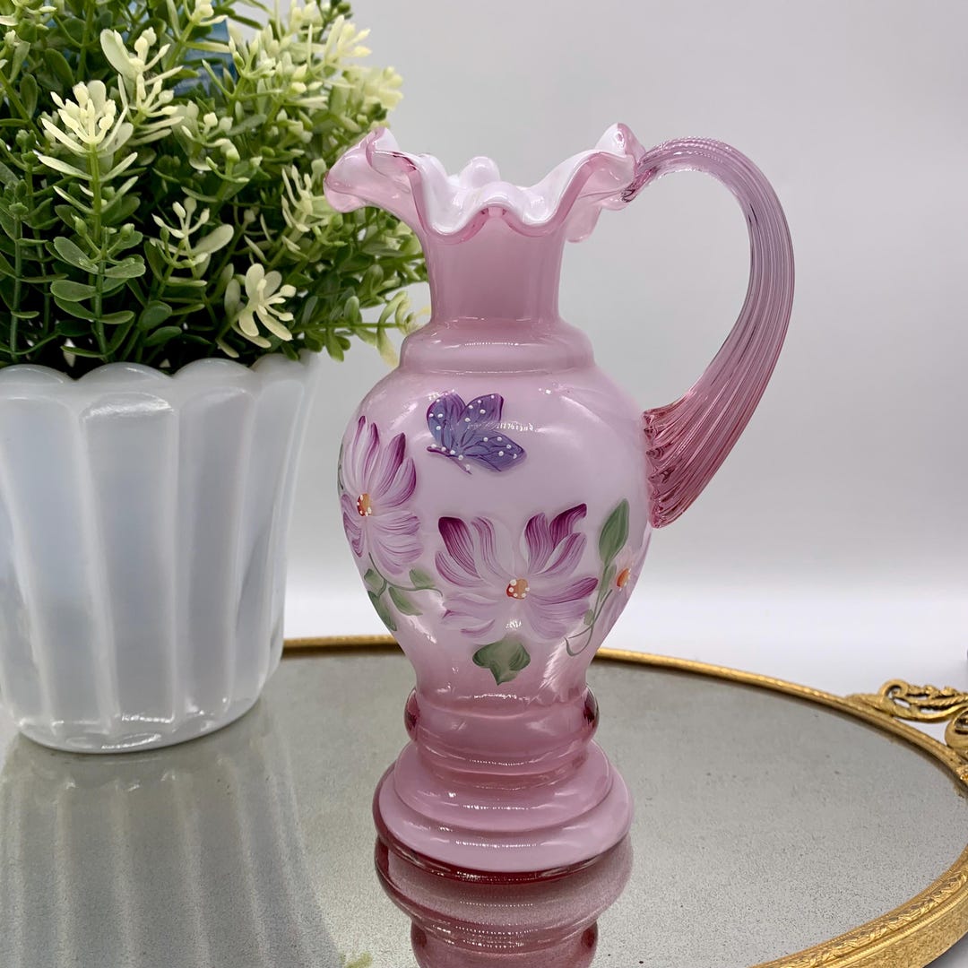 Vintage Fenton Glass Pitcher Hand Painted Asters on Dusty Rose #2266 ...