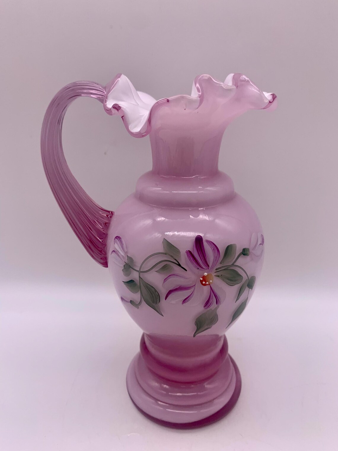 Vintage Fenton Glass Pitcher Hand Painted Asters on Dusty Rose 2266 ...