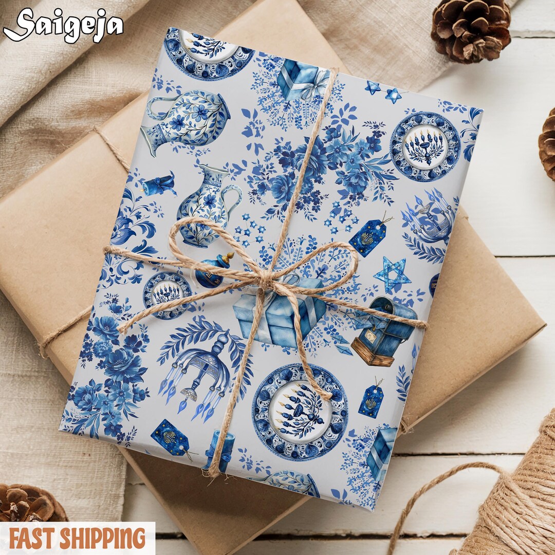Hanukkah Wrapping Paper, Happy Hanukkah Gift Wrap, Menorah and Dreidel ...