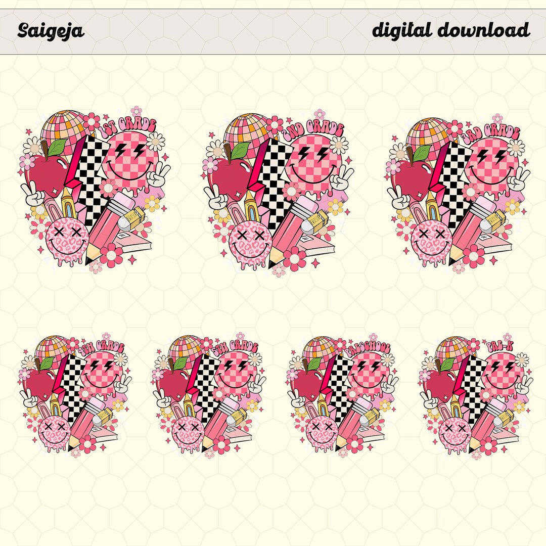 Retro Groovy Smiley Face School Bundle Png, Checkered Back to School ...