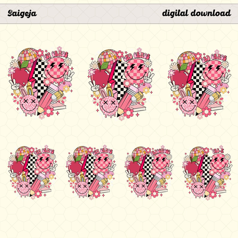 Retro Groovy Smiley Face School Bundle Png, Checkered Back to School ...
