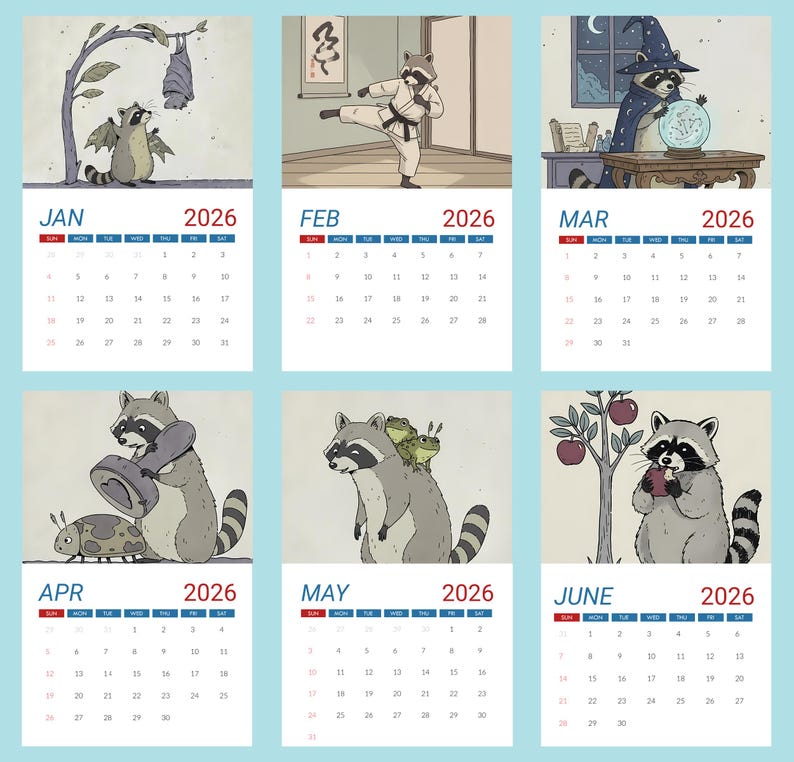 Funny Raccoon Calendar 2026, Cute Trash Panda Illustrations Wall ...