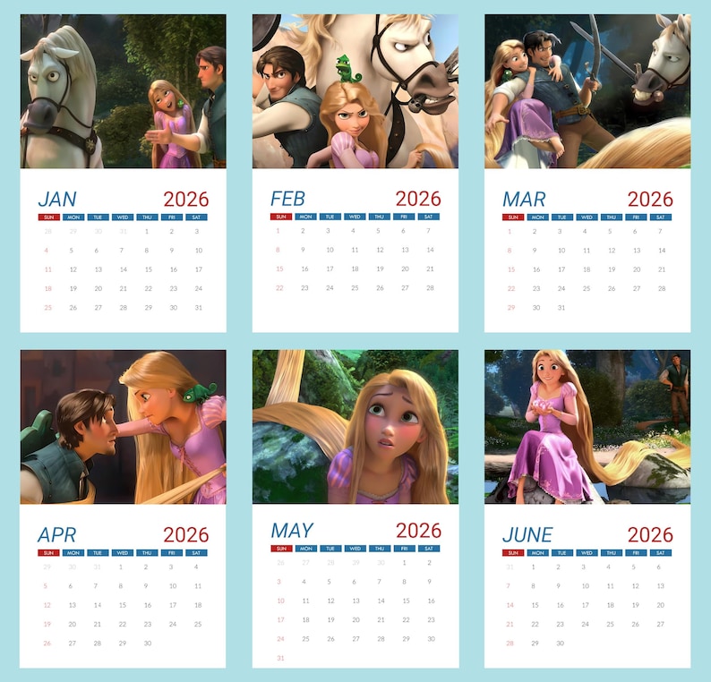 Tangled 2026 Wall Calendar - Rapunzel Disney Princess Decor - Kid Room ...