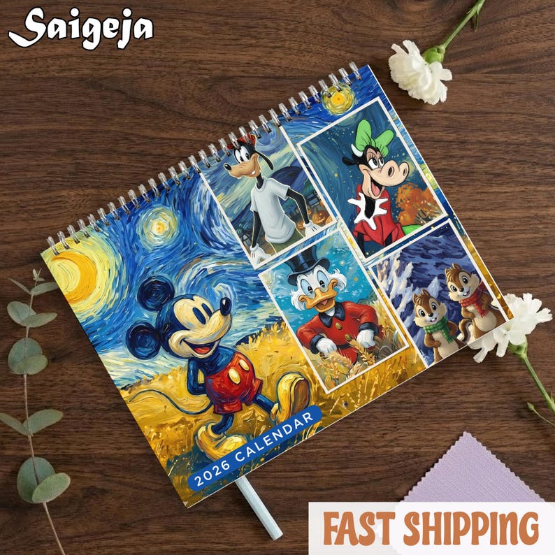 Mickey and Friends 2026 Wall Calendar, Van Gogh Style, Disney Fan Gift ...