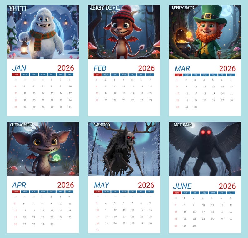 Cryptid Folklore Art Calendar 2026, New Year Calendar, Creepy Creatures ...
