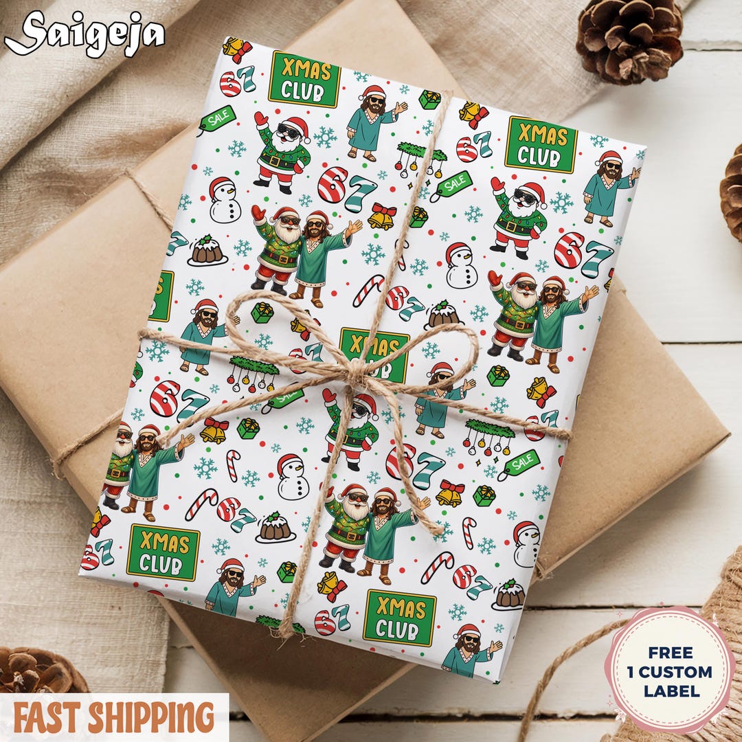 Santa and Jesus Six Seven 67 Wrapping Paper, Funny Gift Wrap for ...