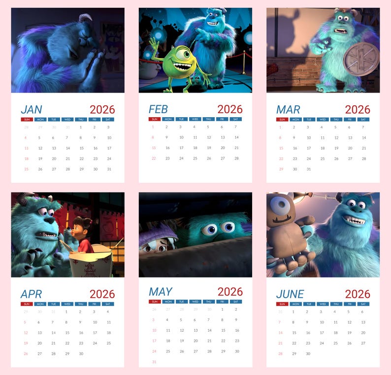 Monsters Inc 2026 Wall Calendar, Disney Movie Decor, Sulley and Mike ...