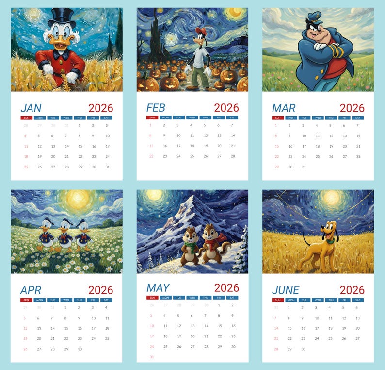 Mickey and Friends 2026 Wall Calendar, Van Gogh Style, Disney Fan Gift ...