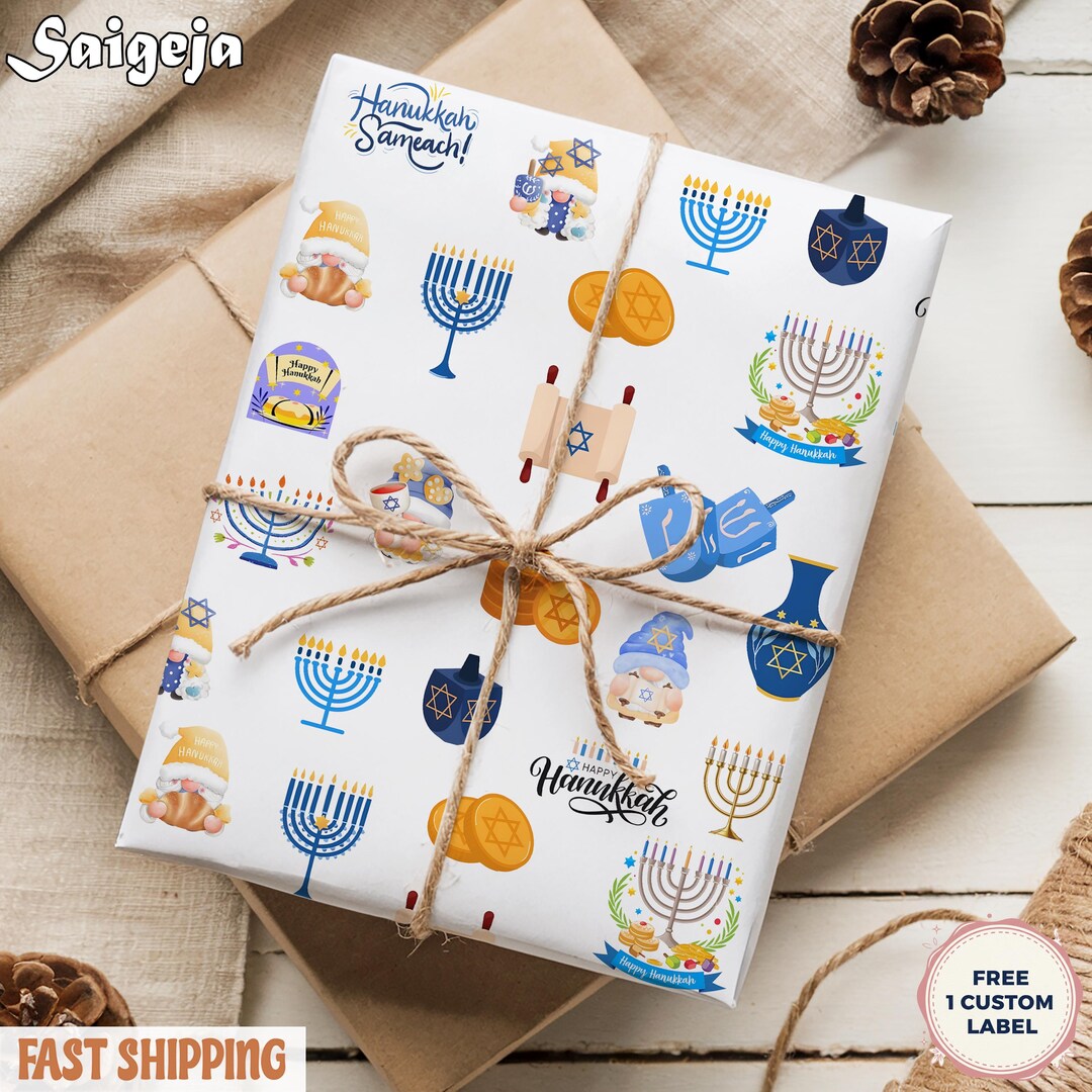 Hanukkah Wrapping Paper, Happy Hanukkah Gift Wrap, Menorah and Dreidel ...