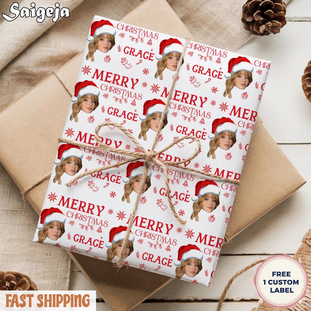 Christmas Face Photo Cutout in Red Hat Wrapping Paper, Personalized ...