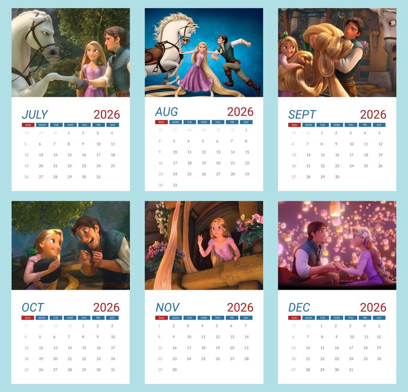 Tangled 2026 Wall Calendar - Rapunzel Disney Princess Decor - Kid Room ...