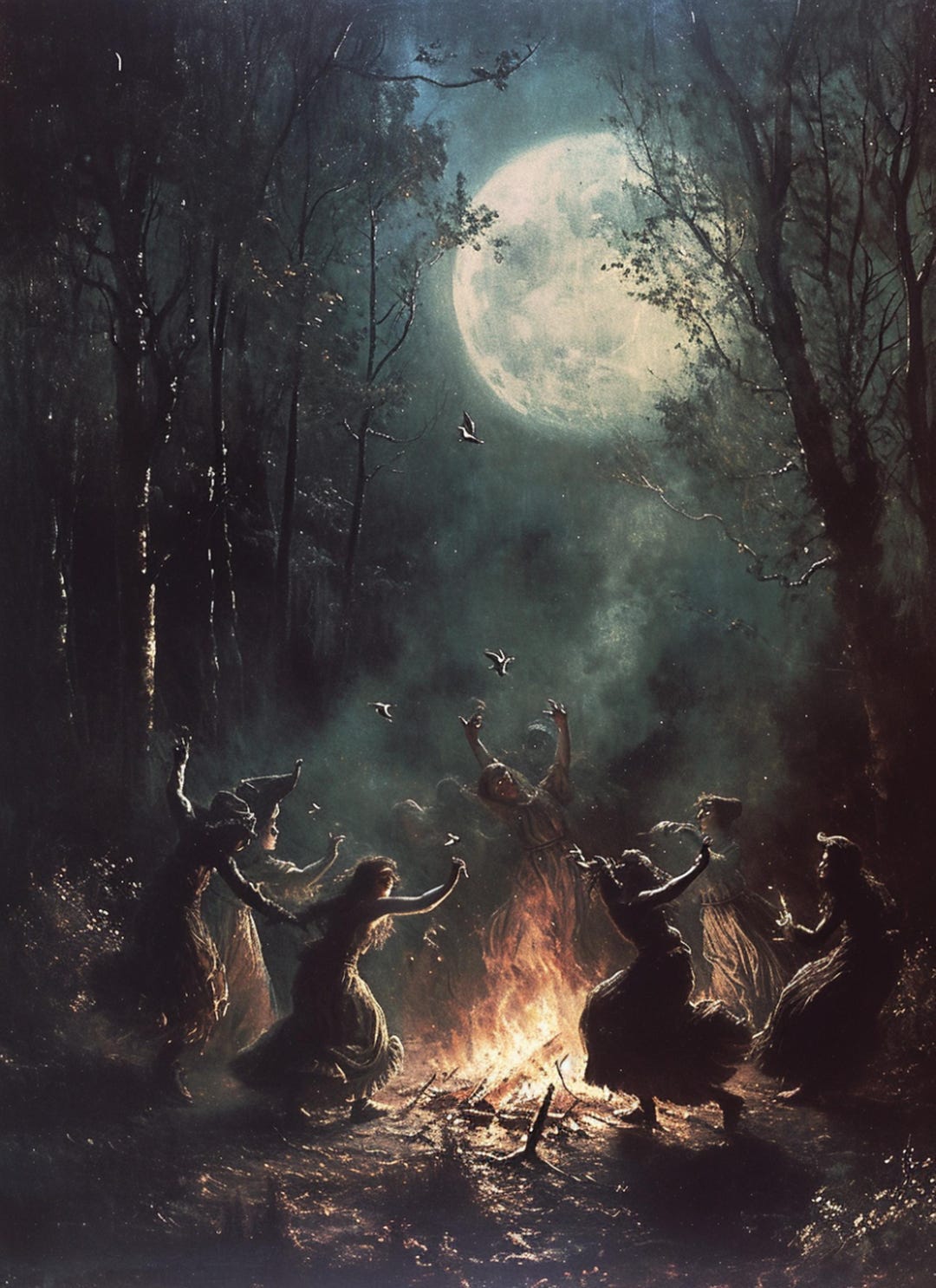 Witches Gathered Around the Fire Halloween Wall Art, Witch Painting ...