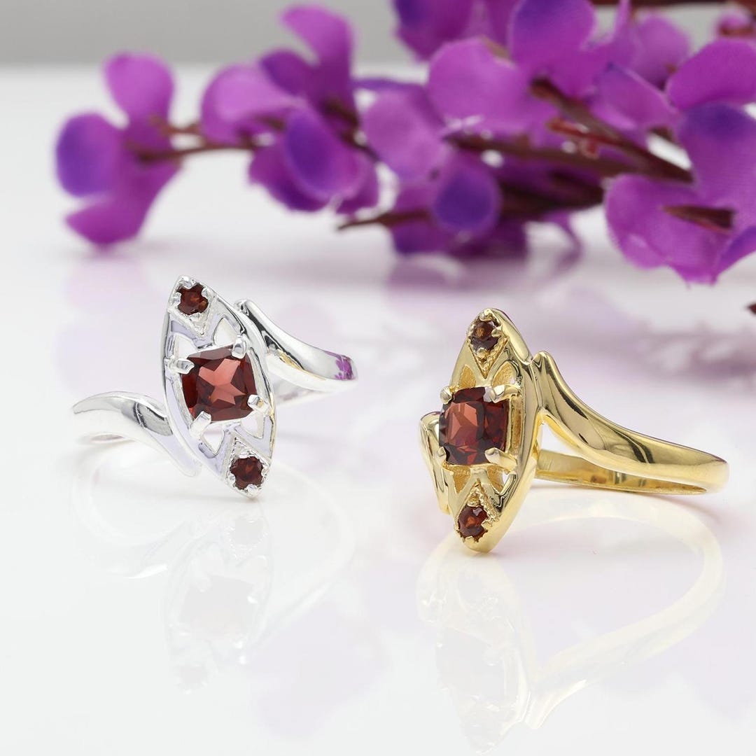 Handmade Sterling Silver Garnet Three Stone Ring, January Birthstone ...